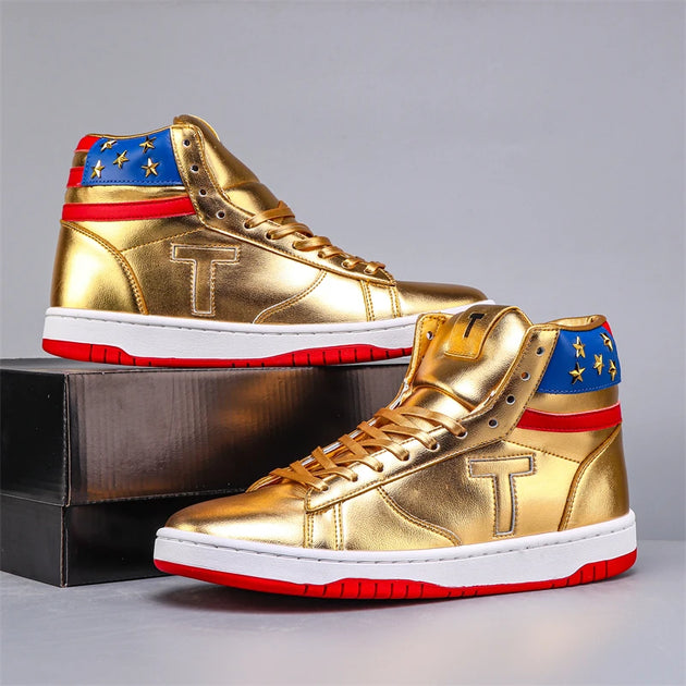 Trump Gold Men's MAGA Sneakers – Patriotic Streetwear Shoes — GoBliss