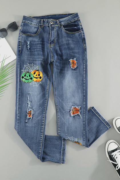 Halloween Graphic Patchwork Distressed Jeans — GoBliss