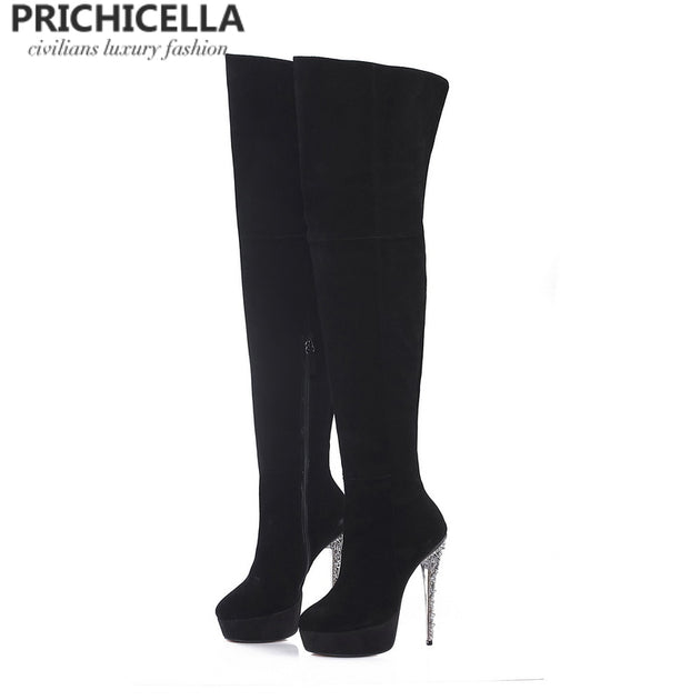 Platform stiletto crystal studded heel genuine leather thigh booties ...